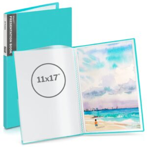 dunwell 11x17 portfolio binder folder (aqua, vertical) - binder with plastic sleeves and poly cover, portfolio presentation book with 24 binder pockets, large art portfolio folder