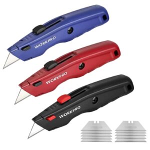 workpro premium utility knife, retractable all metal heavy duty box cutter, quick change blade razor knife, with 10 extra blades, set of 3 (black, red, blue)