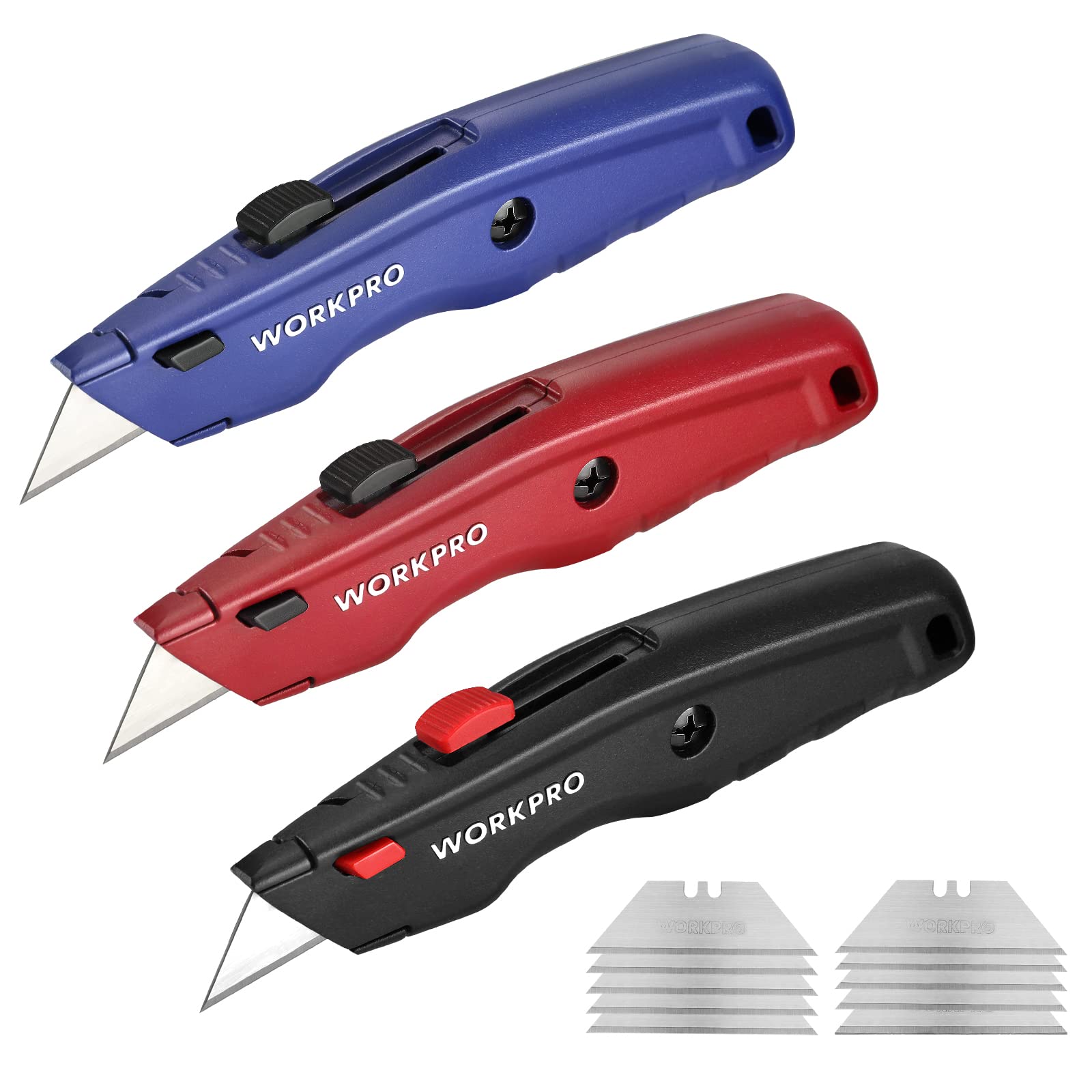 WORKPRO Premium Utility Knife, Retractable All Metal Heavy Duty Box Cutter, Quick Change Blade Razor Knife, with 10 Extra Blades, Set of 3 (Black, Red, Blue)