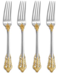 keawell luxury dinner fork, set of 4, 18/10 stainless steel, 8 inches, dishwasher safe, mirror polished, silverware fork set (gold accent)