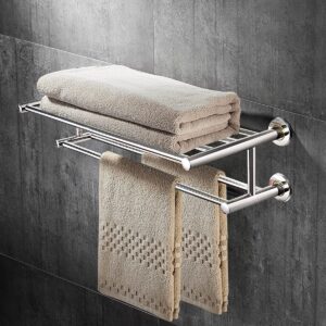 MAT Expert 24” Bath Towel Rack, Stainless Steel Double Storage Tier Towel Bar, Wall-Mounted Towel Holder Organizer, Modern Brushed Finish, Rustproof Towel Shelf for Bathroom/Kitchen/Hotel