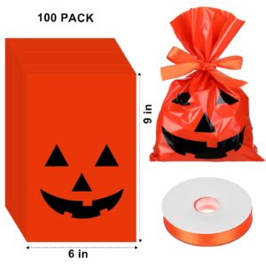 Tenare 100 Pcs Halloween Cellophane Treat Bags Pumpkin Plastic Goodie Bags Candy Gift Loot Bags with 22 Yards Ribbon for Party Favors Sacks, 6 x 9 Inch