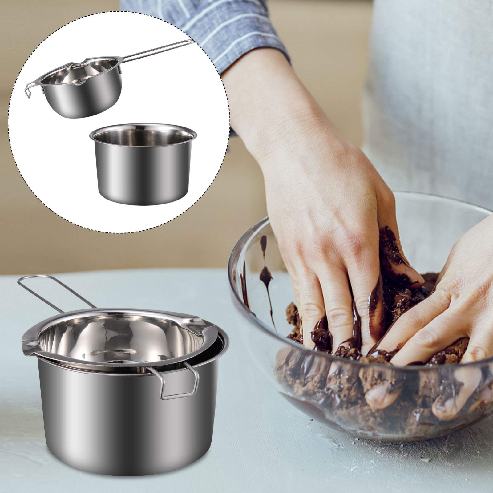 1 Set Double Boiler Pot Stainless Steel Water Boiling Melting Pot with Dual Pour Spout for Candle Butter Chocolate Cheese Caramel 600ml