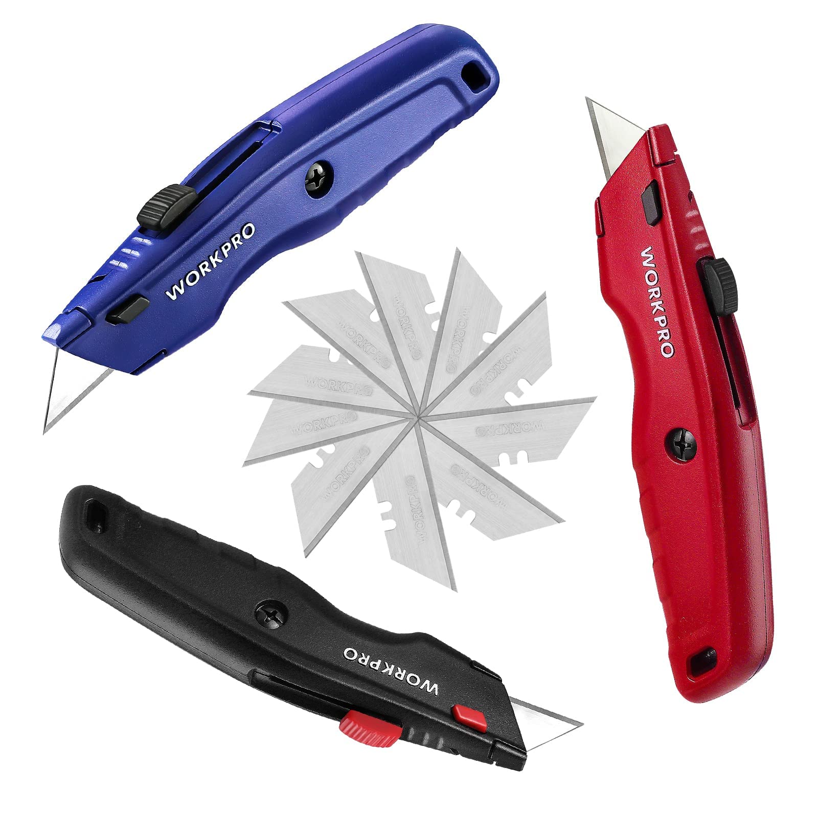 WORKPRO Premium Utility Knife, Retractable All Metal Heavy Duty Box Cutter, Quick Change Blade Razor Knife, with 10 Extra Blades, Set of 3 (Black, Red, Blue)