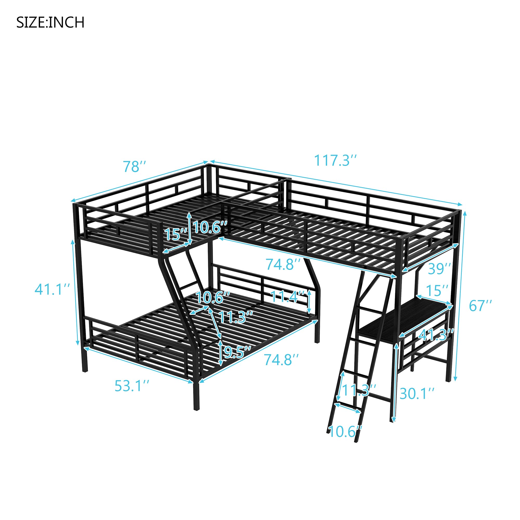 Triple Bunk Beds Twin Over Full Bunk Bed Attached a Loft Bed with Desk L-Shape Triple Loft Bed Metal Frame for Dorm, Boys & Girls Teens Kids Adults, Black