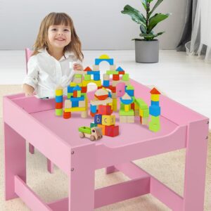 KOTEK Kids Wood Table and 2 Chairs Set with Blackboard & Storage Drawers, Children Multi Activity Table for Learning, Playing, Drawing, 3-in-1 Toddler Art Crafts Desk and Chairs Set (Pink)