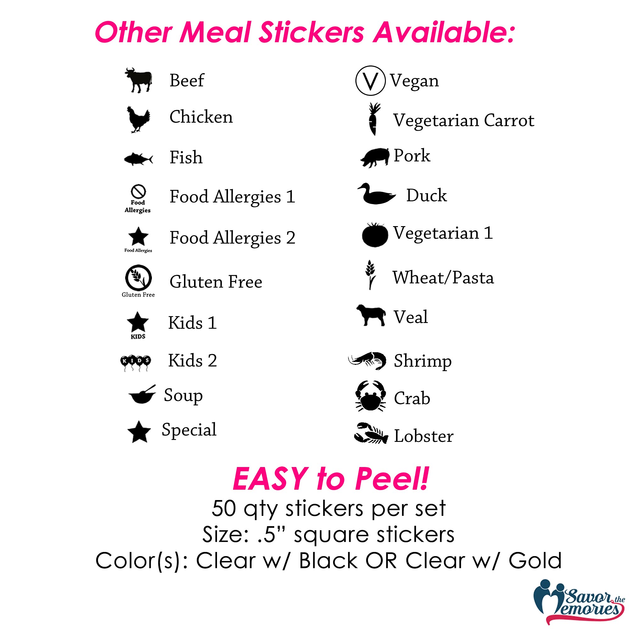 Lobster Food Choice Stickers for Place Cards- Meal Stickers (Clear with Gold Icon) by Savor The Memories