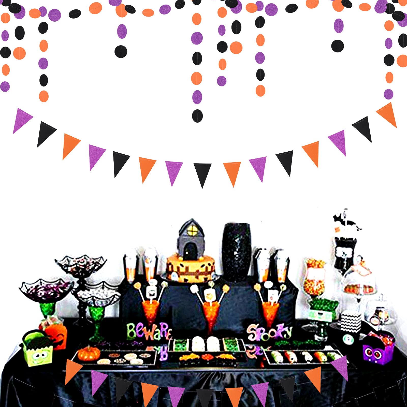 Black Orange Purple Halloween Party-Decorations Banner,2 Pack Graduation 2024 Birthday Baby Shower Streamers Garland Decor Glitter Paper Triangle Pennant Flags Bunting Lasting Surprise