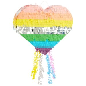 sparkle and bash pull string rainbow heart pinata for pastel birthday party decorations (small, 15.7 x 13 x 3 in)