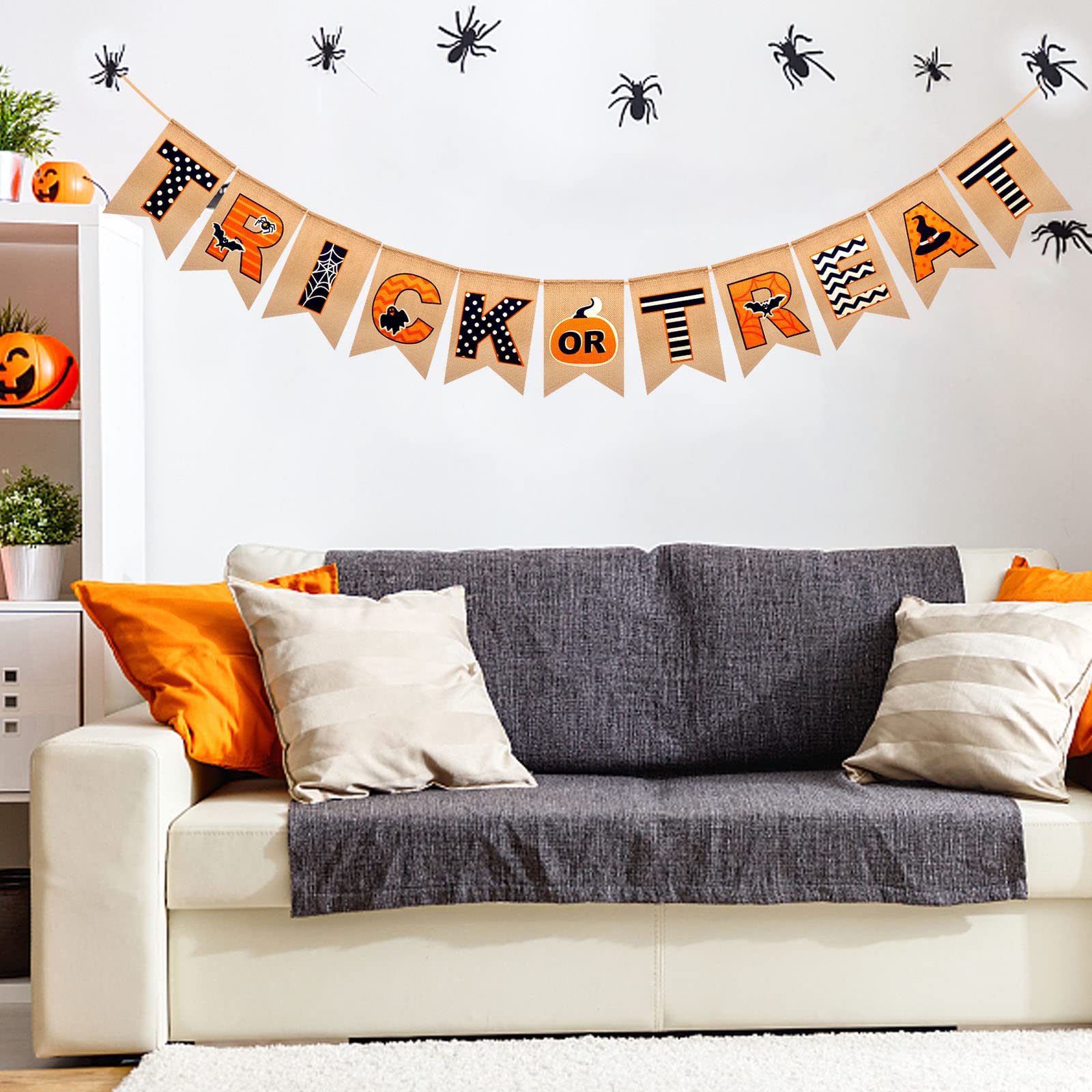 Halloween Banner for Mantle - Happy Halloween Garland Banner Burlap Trick or Treat Banner Hanging Decor for Fireplace Home Halloween Party Decorations