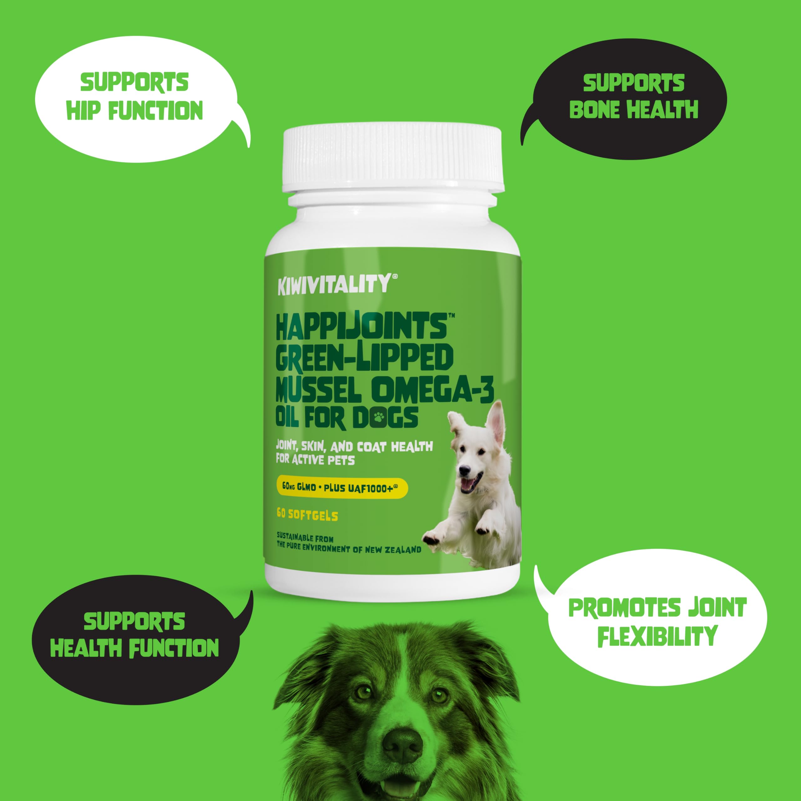 KiwiVitality HappiJoints Green-Lipped Mussel Omega-3 Oil for Dogs (60 Softgels)