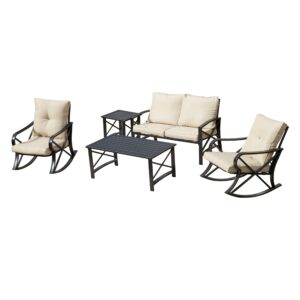 lokatse home 5 pieces outdoor loveseat set rocking chairs patio conversation furniture metal bench with cushion & coffee table, khaki