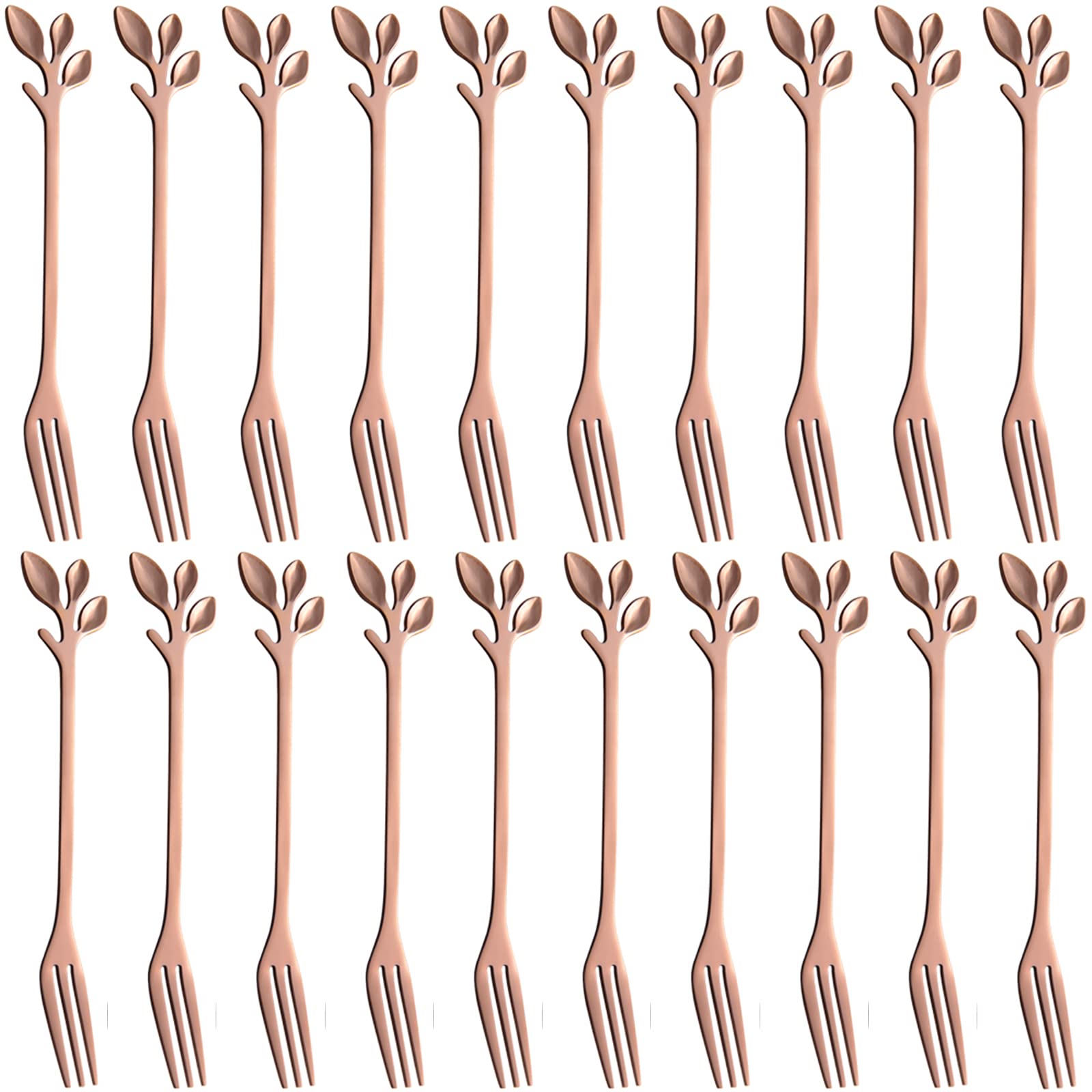 AnSaw Elegant Stainless Steel Dessert Forks, 20-Pc Set - Rose Gold Mini Leaf Design, 4.7" Perfect for Fruit, Appetizer, Cake & Salad, Ideal for Cocktail Parties & Home Use