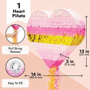 Sparkle and Bash Pink Pull String Heart Pinata for Girls Birthday Party Decorations, Pink and Gold Ombre Design, Small, 16 x 13 x 3 In