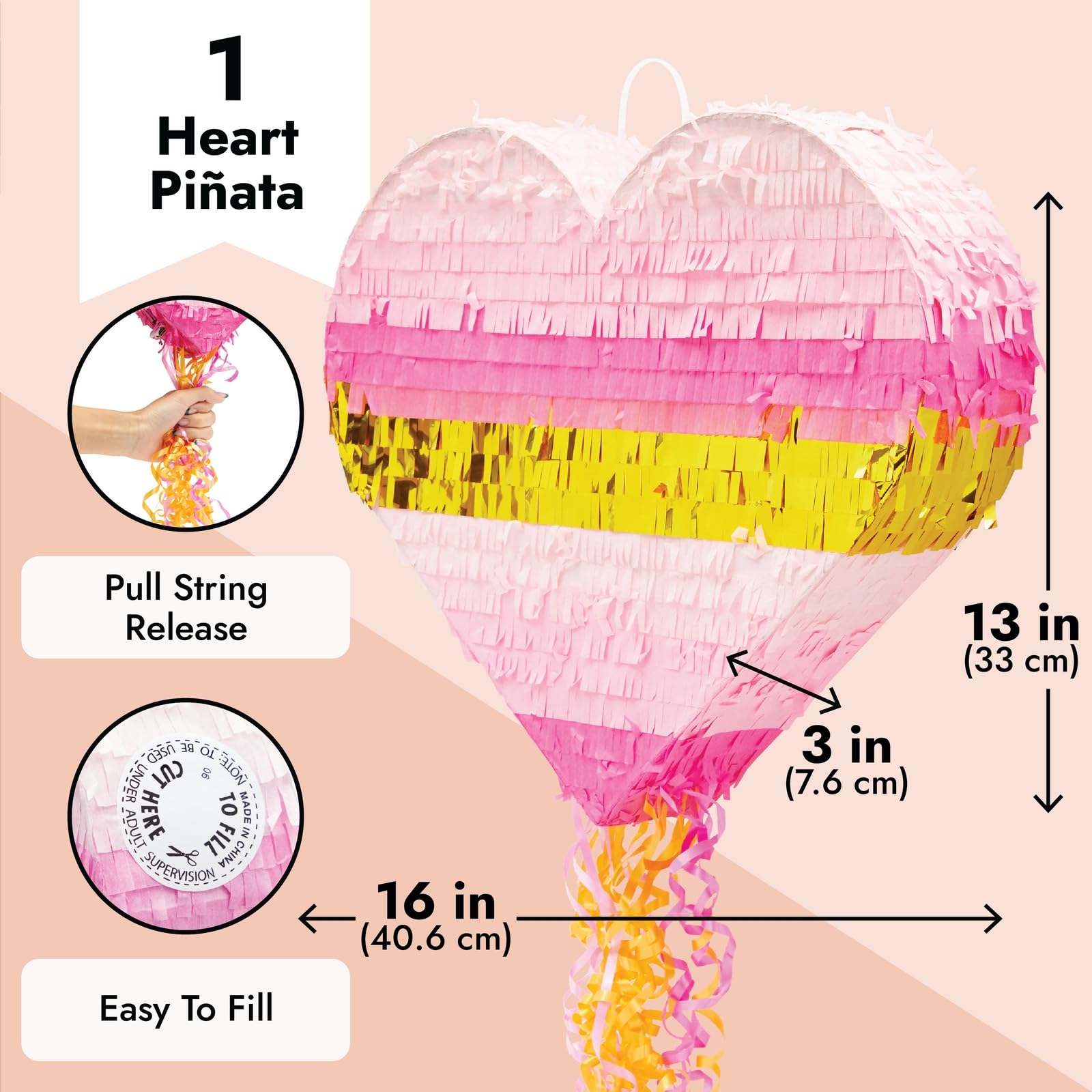 Sparkle and Bash Pink Pull String Heart Pinata for Girls Birthday Party Decorations, Pink and Gold Ombre Design, Small, 16 x 13 x 3 In