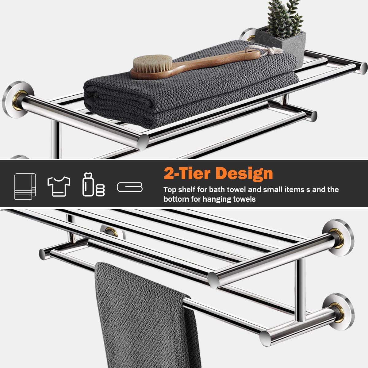 MAT Expert 24” Bath Towel Rack, Stainless Steel Double Storage Tier Towel Bar, Wall-Mounted Towel Holder Organizer, Modern Brushed Finish, Rustproof Towel Shelf for Bathroom/Kitchen/Hotel