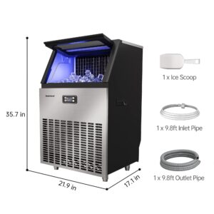 RESTISLAND Commercial Ice Maker Machine, 270 lbs/24 Hours, 48 lbs Storage Bin, Stainless Steel, Blue Light, Freestanding, Great for Home or Business, Includes Ice Scoop, Connecting Hose