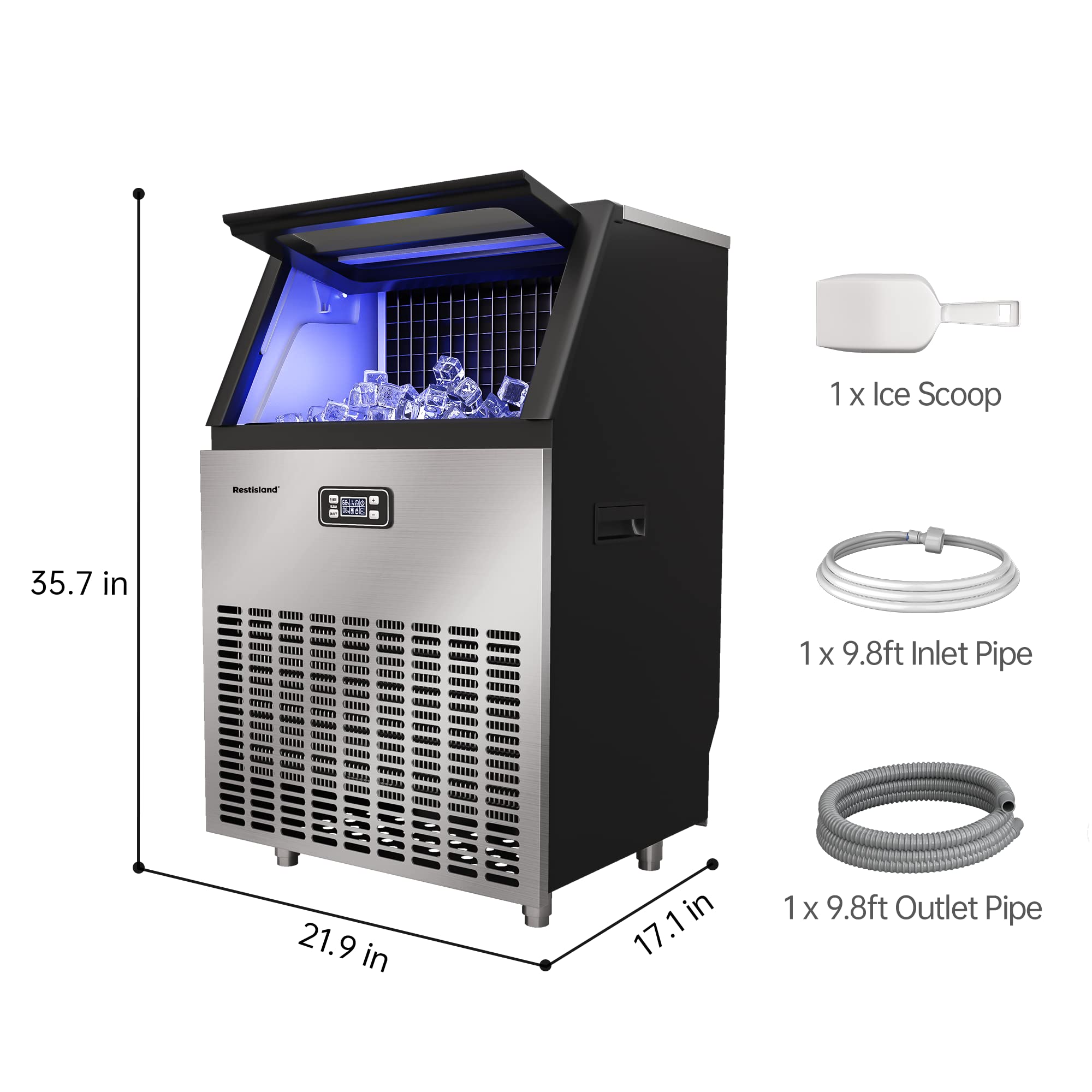 RESTISLAND Commercial Ice Maker Machine, 270 lbs/24 Hours, 48 lbs Storage Bin, Stainless Steel, Blue Light, Freestanding, Great for Home or Business, Includes Ice Scoop, Connecting Hose