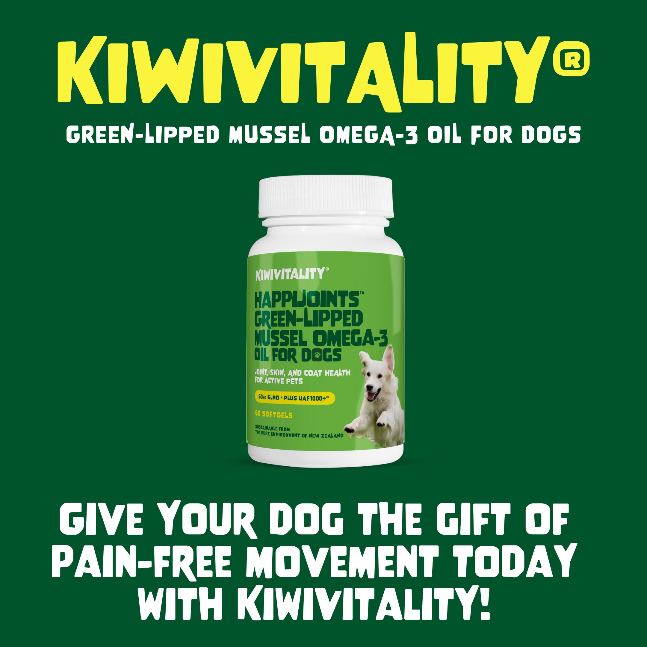 KiwiVitality HappiJoints Green-Lipped Mussel Omega-3 Oil for Dogs (60 Softgels)