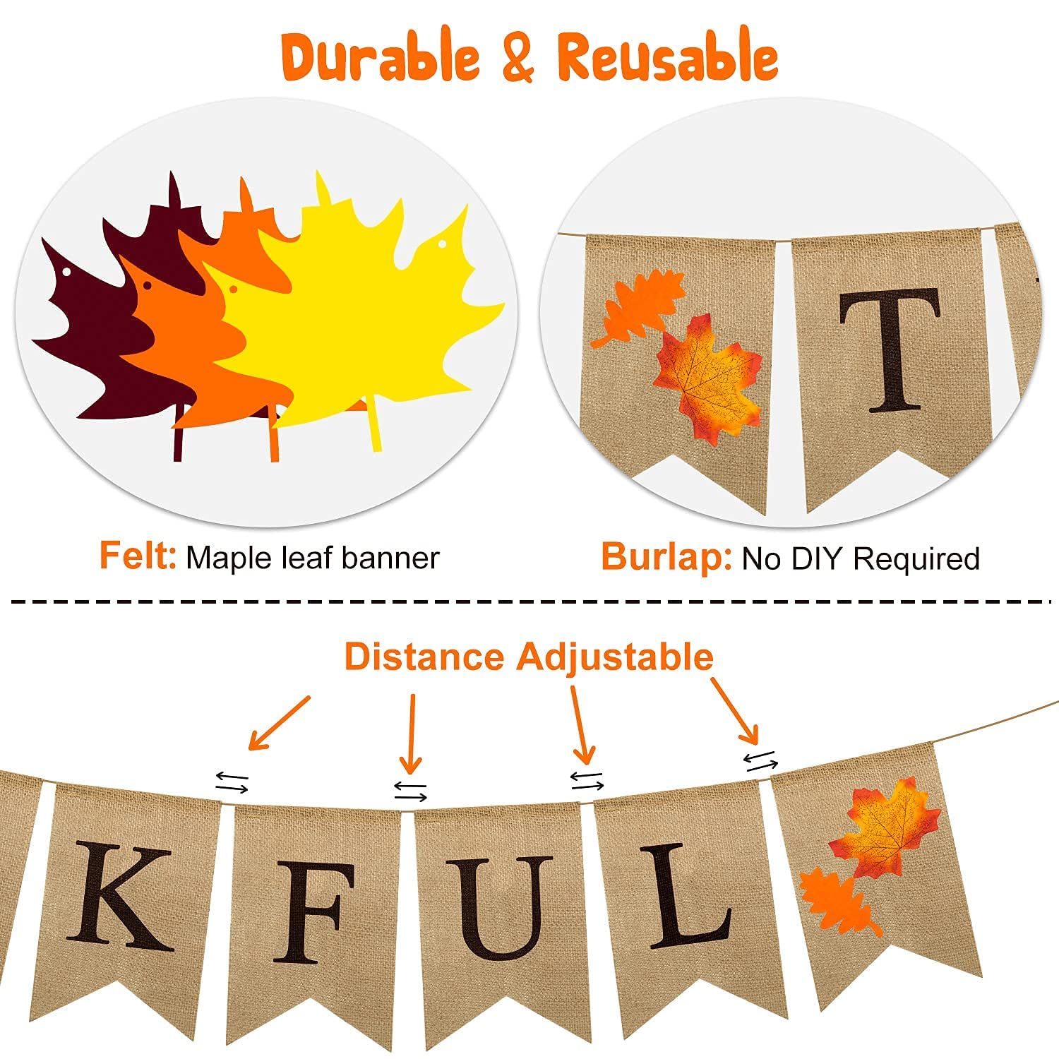 Thankful Burlap Banner, Happy Fall Banner Autumn Maple Leaves Thanksgiving Banner for Mantle Fireplace Rustic Bunting Harvest Garland for Thanksgiving Party Supplies Home Decoration (2 Pcs)