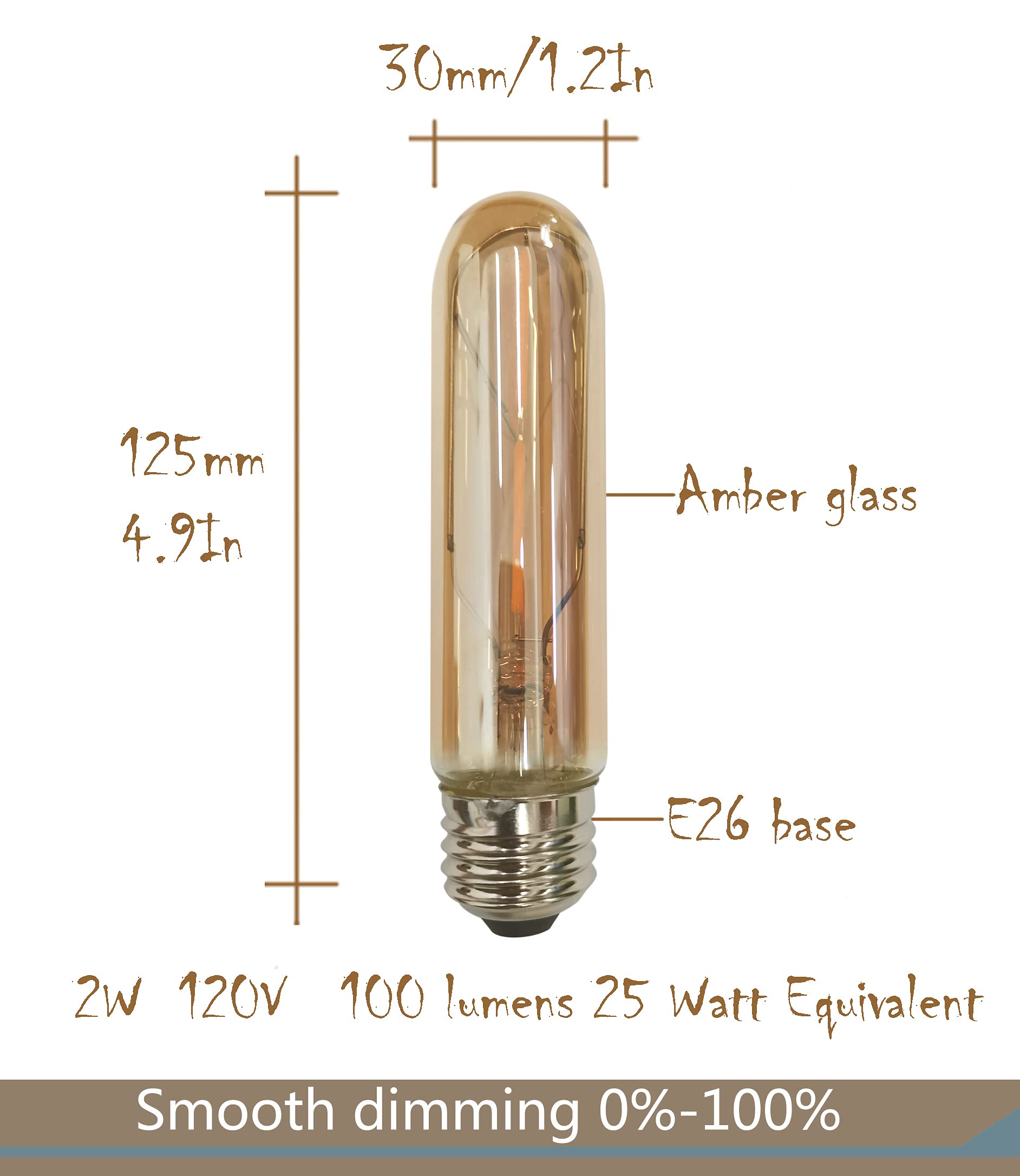 CTKcom T10 E26 Amber LED Light Bulb,Smooth Dimmable T10 Tubular Edison Light Bulbs,2 Watt 120V 2200K Warm White 140 lumens Vintage Edison Light Bulbs 25 Watt Equivalent,4 Pack