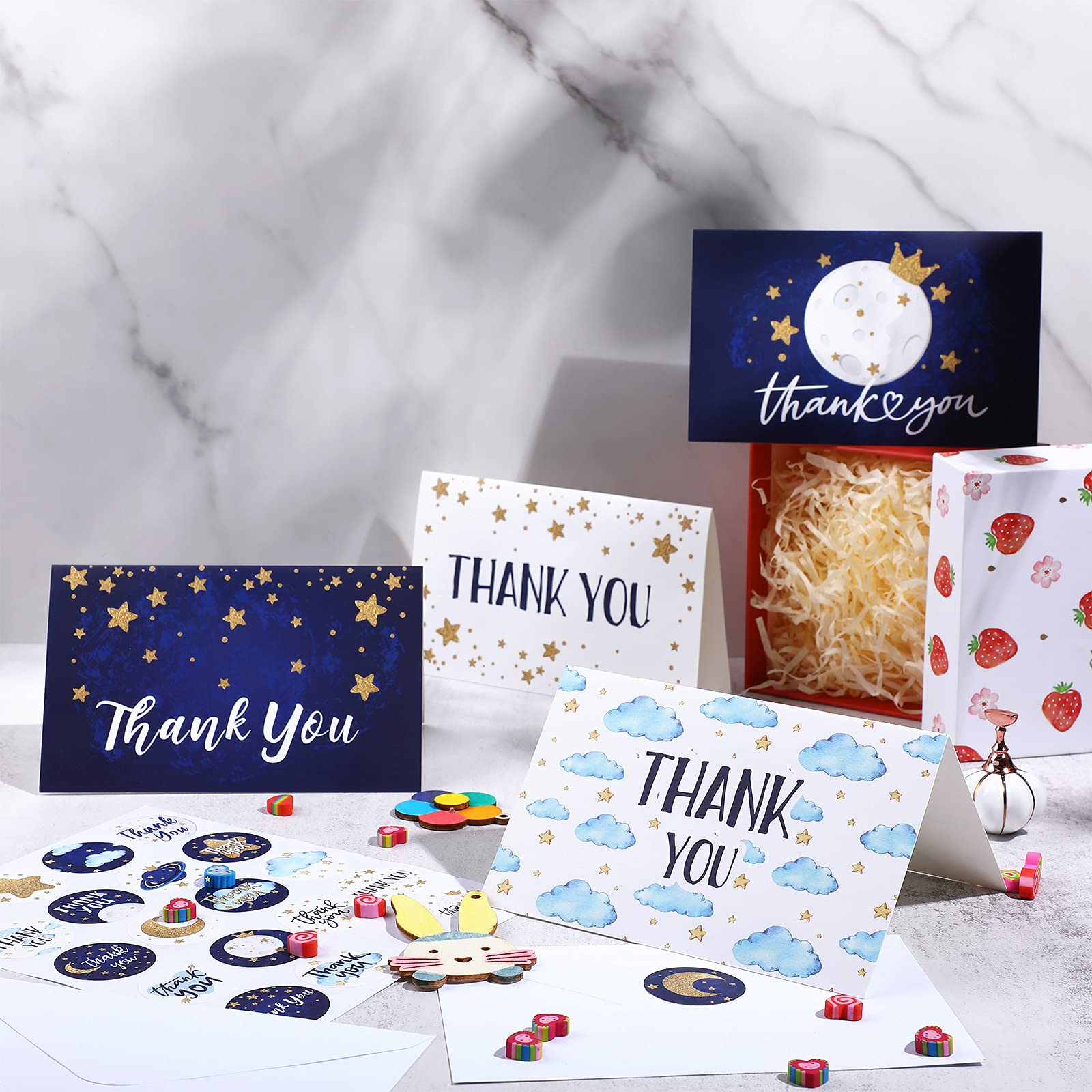 Tenare 24 Blue Stars Thank You Cards with Envelopes and Stickers,blue Gold Foil Thanks Stickers and Blank Greeting Cards for Baby Shower Birthday Weddings Graduations Party Supplies