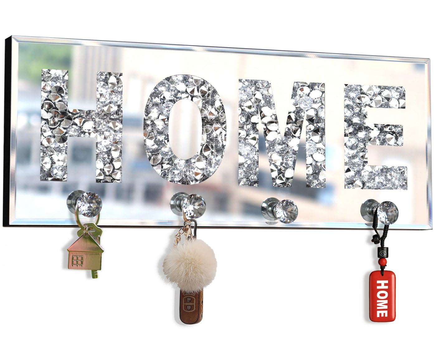 Crush Diamond Mirrored Home Letter Plaque Sign for Wall Decor, Crystal Clear Hooks Key Holder Key Hanger, Silver Mirror Decoration Wall Art, Wall Mounted Home Decor 15"×5.9"×1.6"