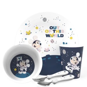 zak designs disney mickey mouse kids dinnerware set includes plate, bowl, tumbler and utensil tableware, made of non-bpa durable material and perfect for kids (5 piece set, space, non-bpa)