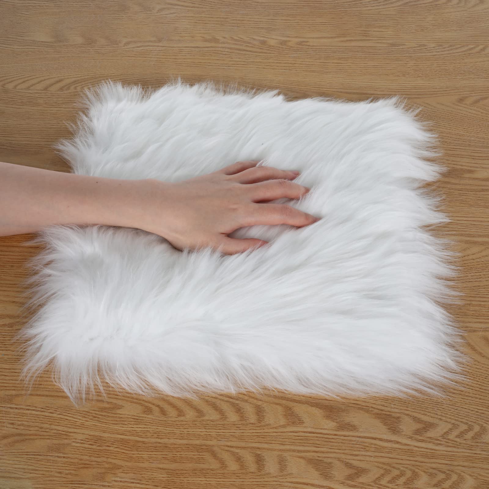 Molain Faux Fur Chair Pad Faux Fur Rugs 12 inch Square Cover Seat Fuzzy Cushion Carpet Mat Soft Fluffy Area Rug Couch for Living Bedroom Sofa, Photographing Background (White)