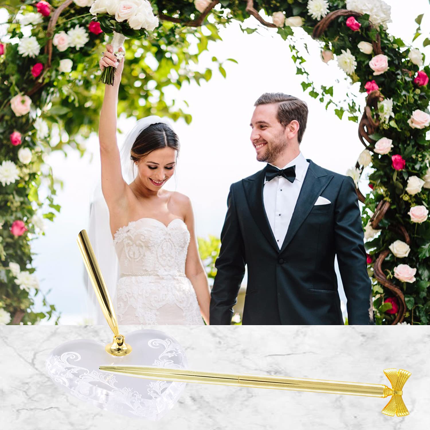 SnowTing Heart Pen Holder Signing Pen Set Guest Book Accessories for Wedding Bridal Engagement Favors Opening Ceremony Graduation Parties Office Acrylic Base with Golden Bow-knot Ballpoint Pen