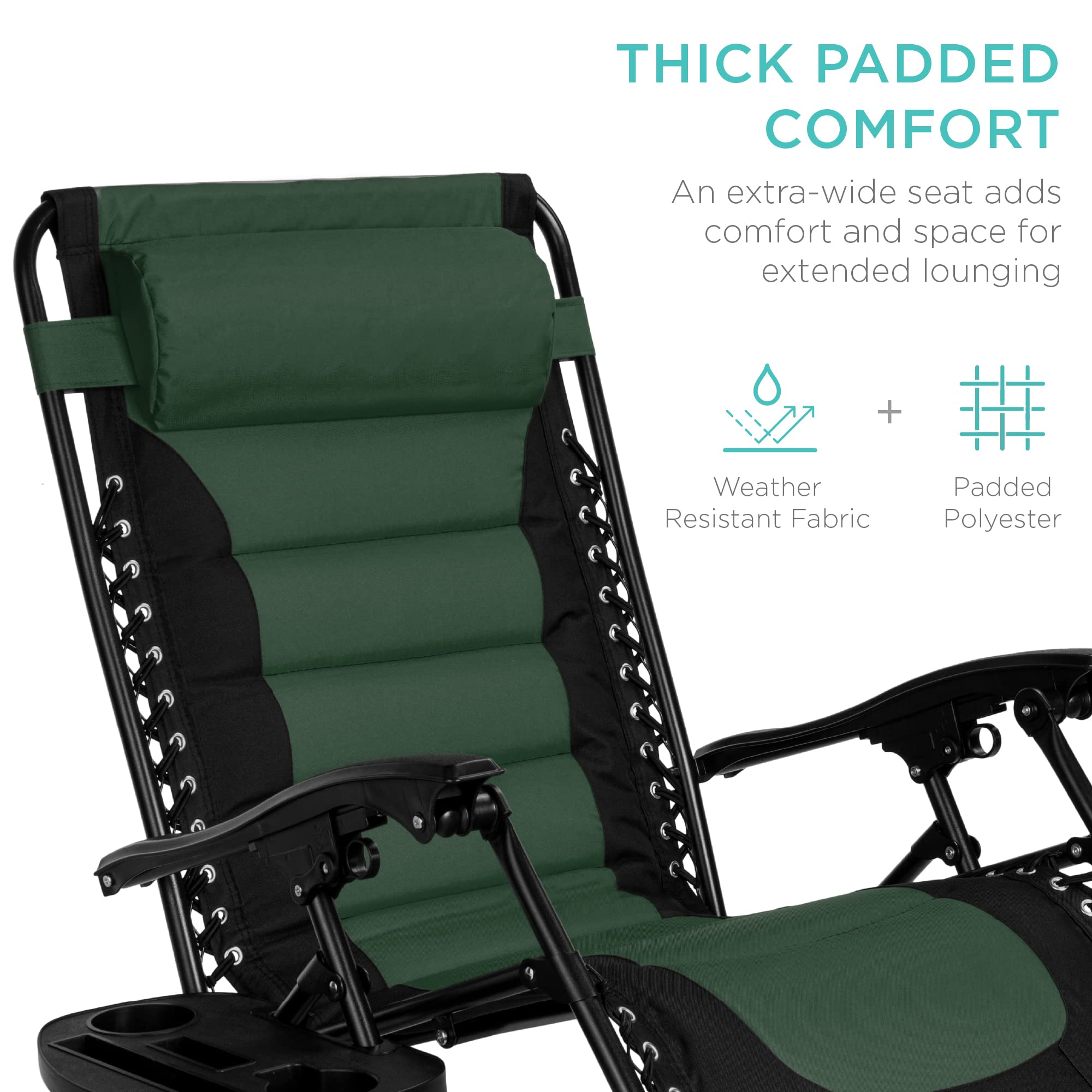 Best Choice Products Oversized Padded Zero Gravity Chair, Folding Outdoor Patio Recliner, XL Anti Gravity Lounger for Backyard w/Headrest, Cup Holder, Side Tray, Polyester Mesh - Black/Forest Green