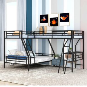 triple bunk beds twin over full bunk bed attached a loft bed with desk l-shape triple loft bed metal frame for dorm, boys & girls teens kids adults, black