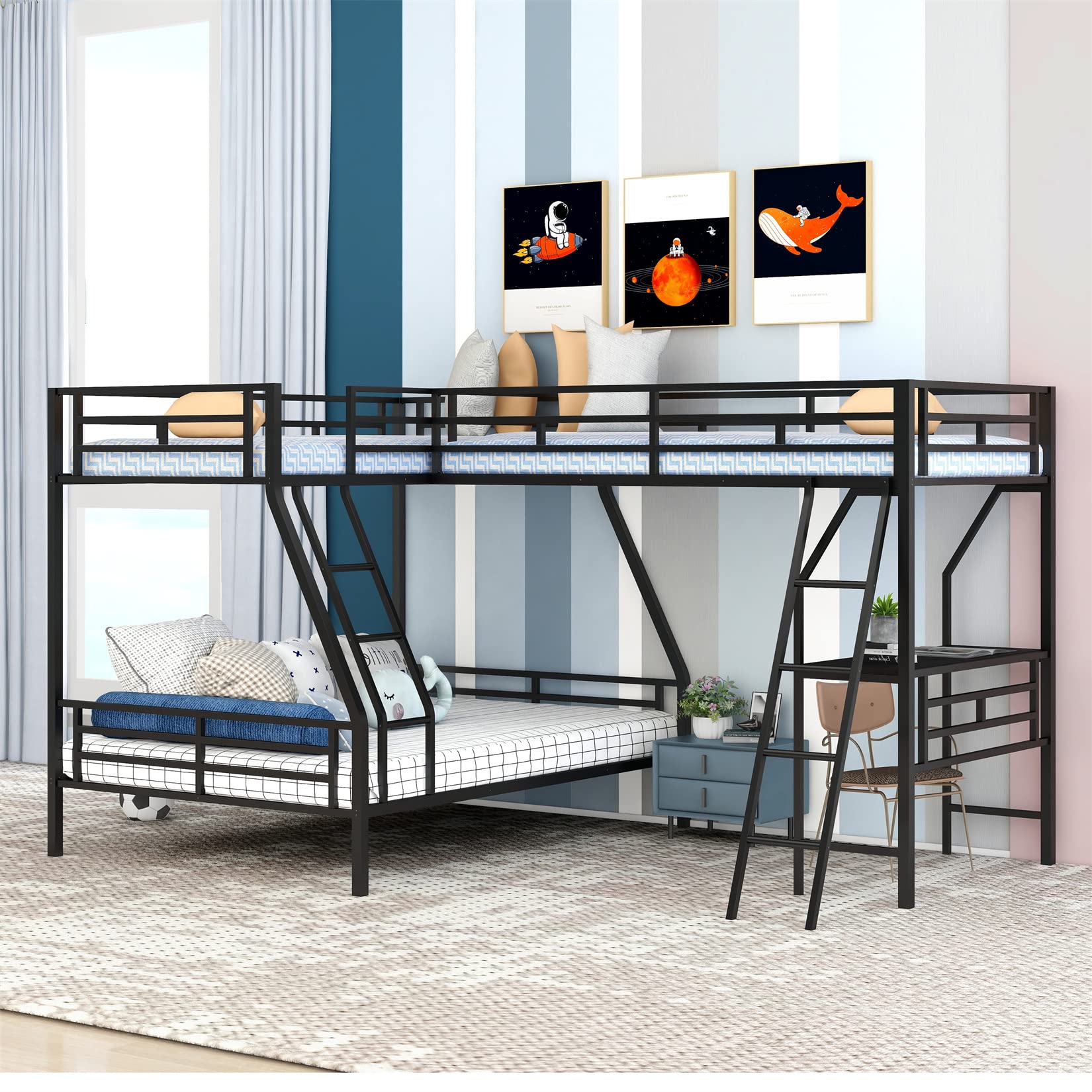 Triple Bunk Beds Twin Over Full Bunk Bed Attached a Loft Bed with Desk L-Shape Triple Loft Bed Metal Frame for Dorm, Boys & Girls Teens Kids Adults, Black