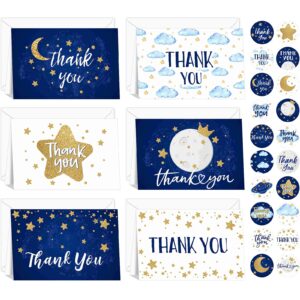 tenare 24 blue stars thank you cards with envelopes and stickers,blue gold foil thanks stickers and blank greeting cards for baby shower birthday weddings graduations party supplies