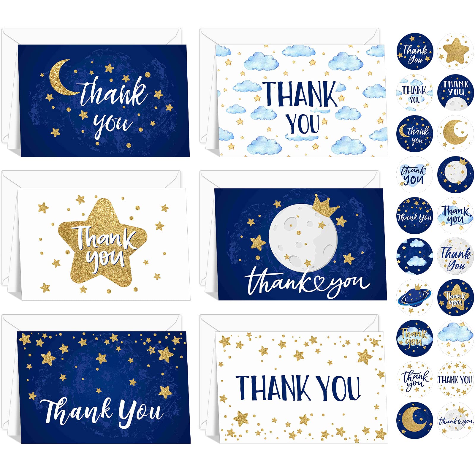 Tenare 24 Blue Stars Thank You Cards with Envelopes and Stickers,blue Gold Foil Thanks Stickers and Blank Greeting Cards for Baby Shower Birthday Weddings Graduations Party Supplies