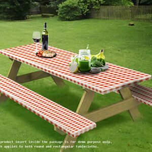 wagude Rectangle Vinyl Camping Picnic Table Cover + Benches 3-pc Set,30x72'' (6-FT) Flannel Backing Elastic Waterproof Wipeable red/White Checkered Plastic Tablecloth for Indoor Outdoor Patio Park