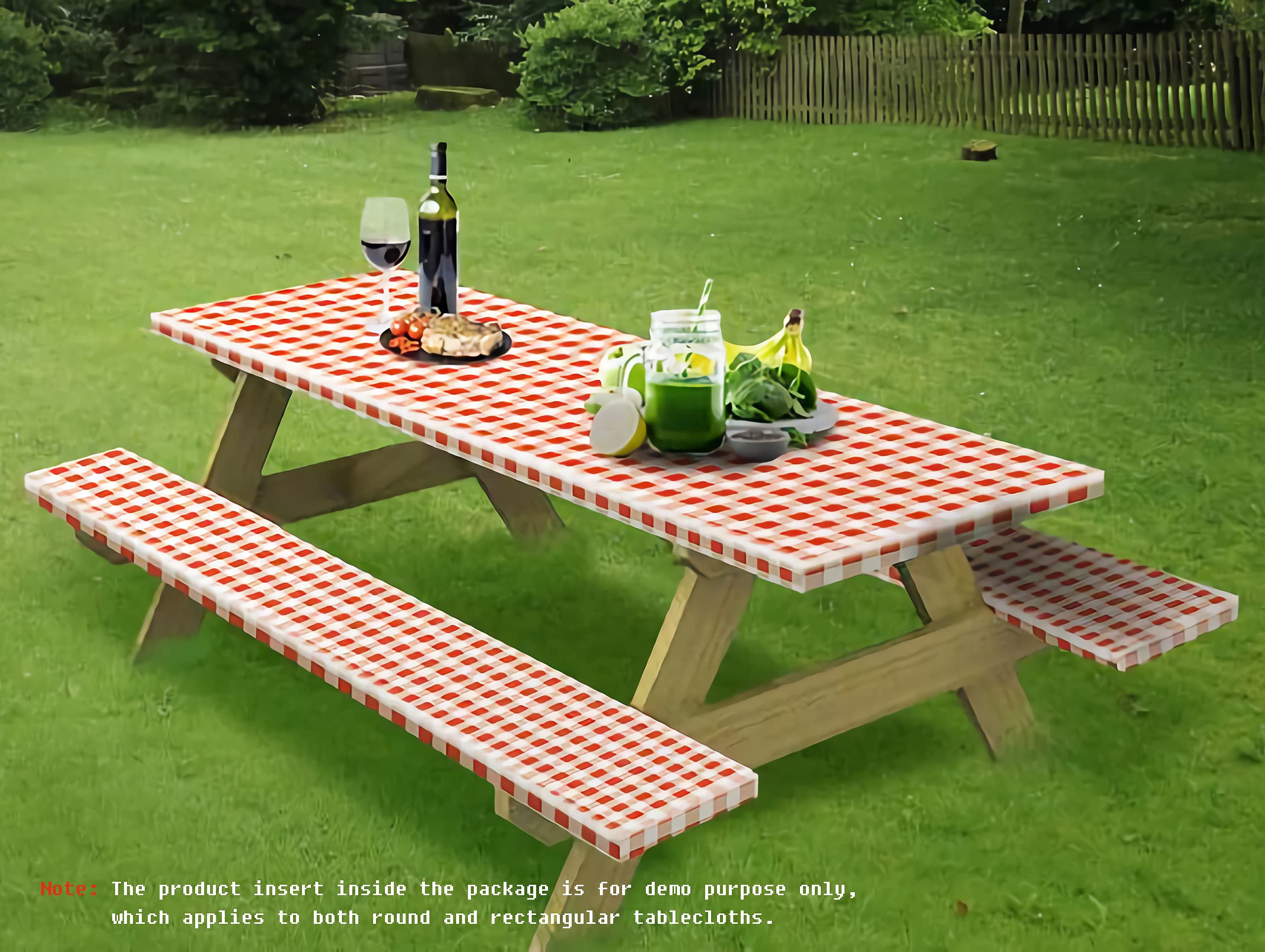 wagude Rectangle Vinyl Camping Picnic Table Cover + Benches 3-pc Set,30x72'' (6-FT) Flannel Backing Elastic Waterproof Wipeable red/White Checkered Plastic Tablecloth for Indoor Outdoor Patio Park