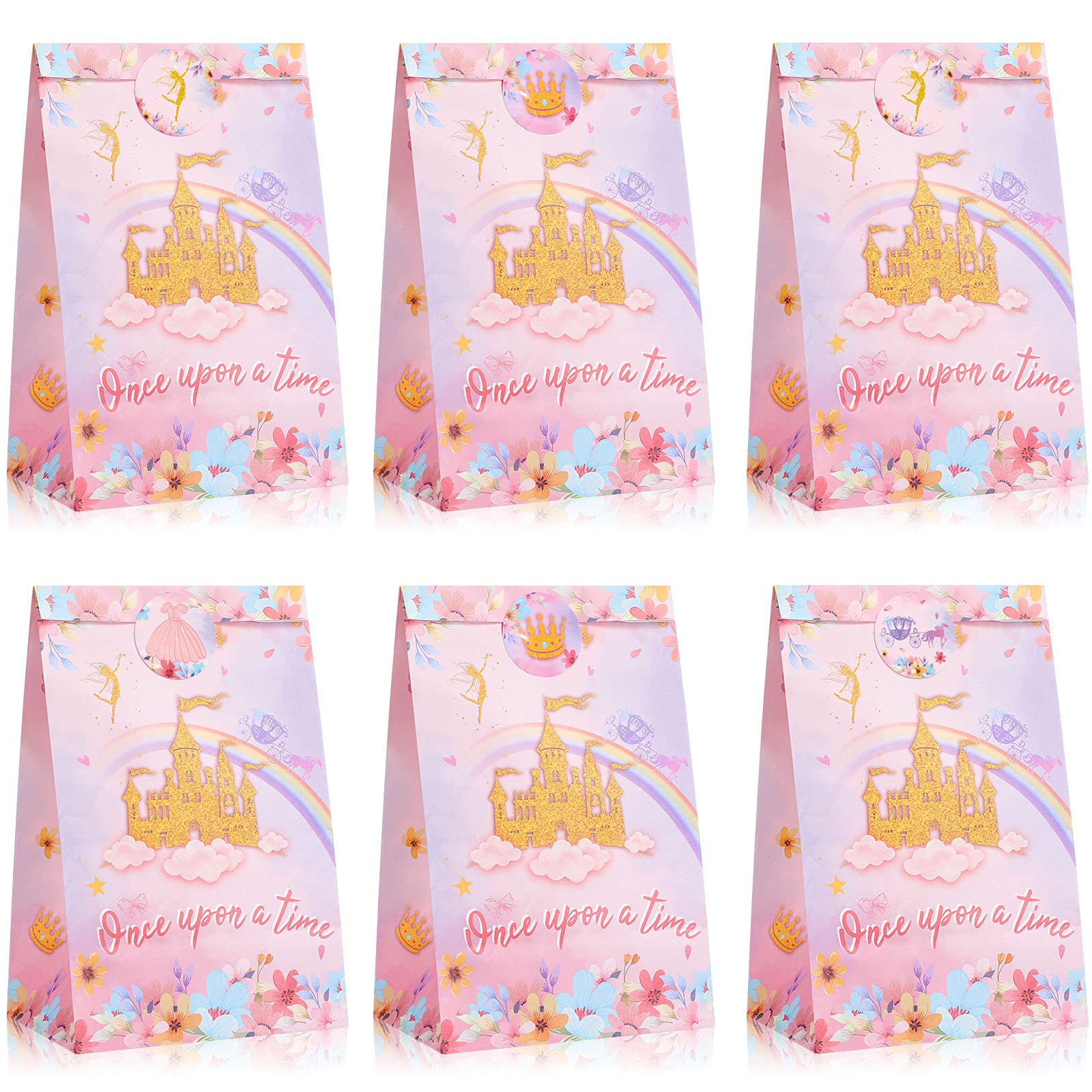 Outus 16 Pcs Princess Party Favor Bags Princess Goodie Candy Bags Decorations Pink Castle Treat Bags with 16 Princess Stickers for Birthday Baby Shower Party Supplies