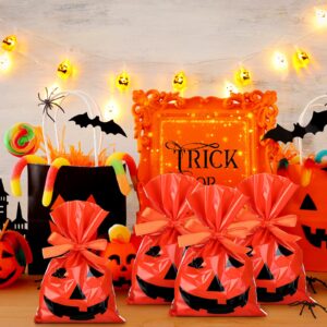 Tenare 100 Pcs Halloween Cellophane Treat Bags Pumpkin Plastic Goodie Bags Candy Gift Loot Bags with 22 Yards Ribbon for Party Favors Sacks, 6 x 9 Inch