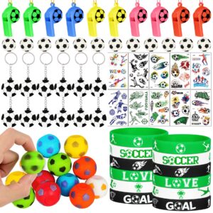 soccer party favors set 80 pcs soccer toys whistle fidget spinner silicone bracelet tattoo stickers eraser keychains for soccer theme birthday party goodie bags fillers sports party supplies