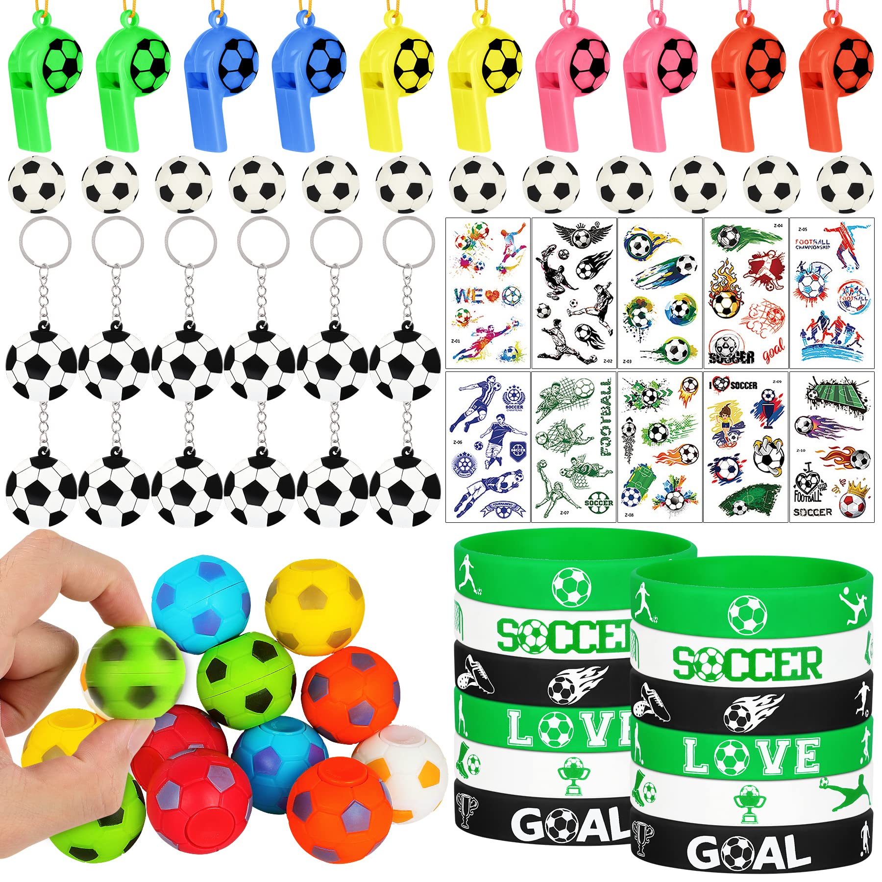 Soccer Party Favors Set 80 PCS Soccer Toys Whistle Fidget Spinner Silicone Bracelet Tattoo Stickers Eraser Keychains for Soccer Theme Birthday Party Goodie Bags Fillers Sports Party Supplies