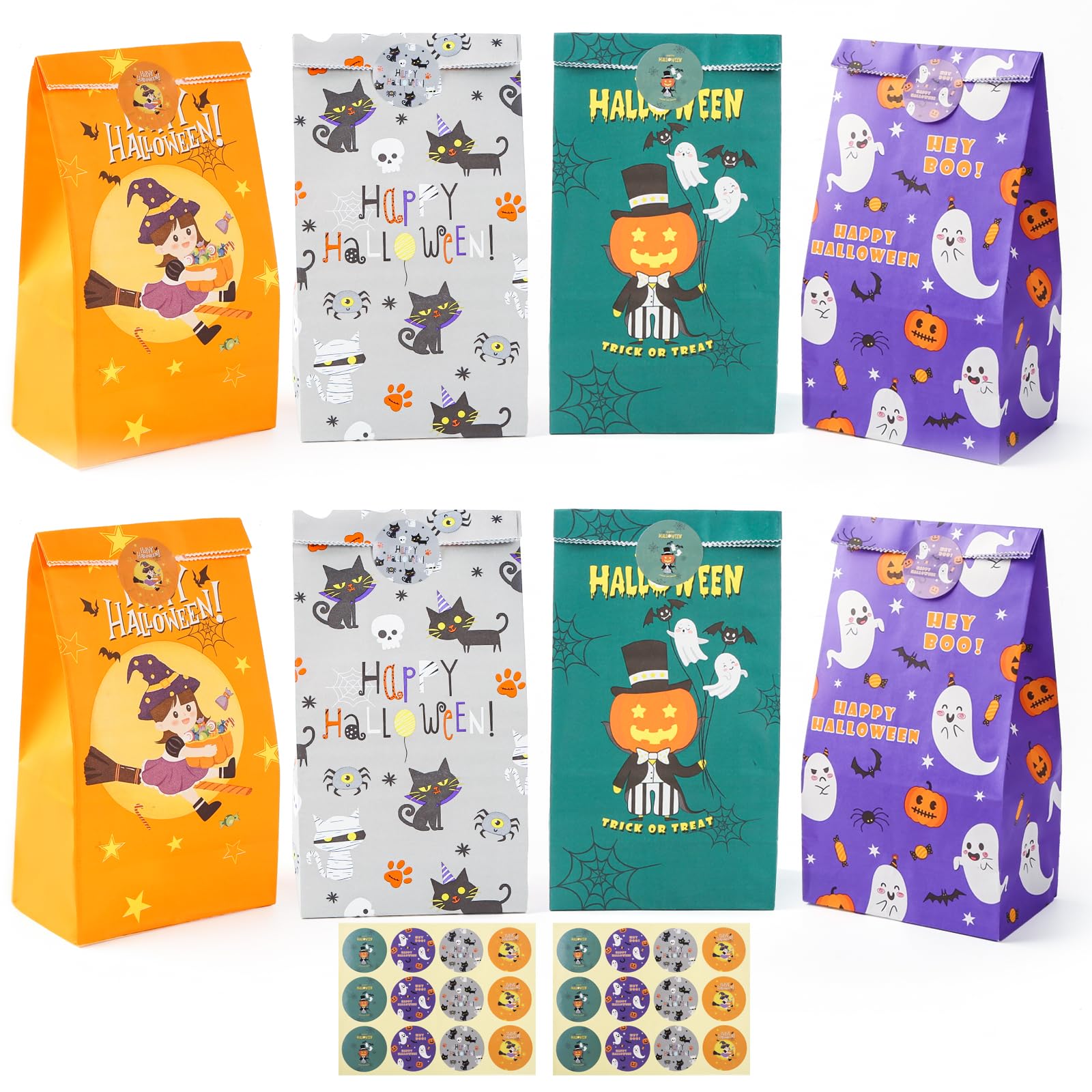 STARRKY Halloween Paper Candy Bags, 24PCS Halloween Goodie Bags Bulk Paper Gift Bags Halloween Treat Bags with Stickers for Kids Party Favor