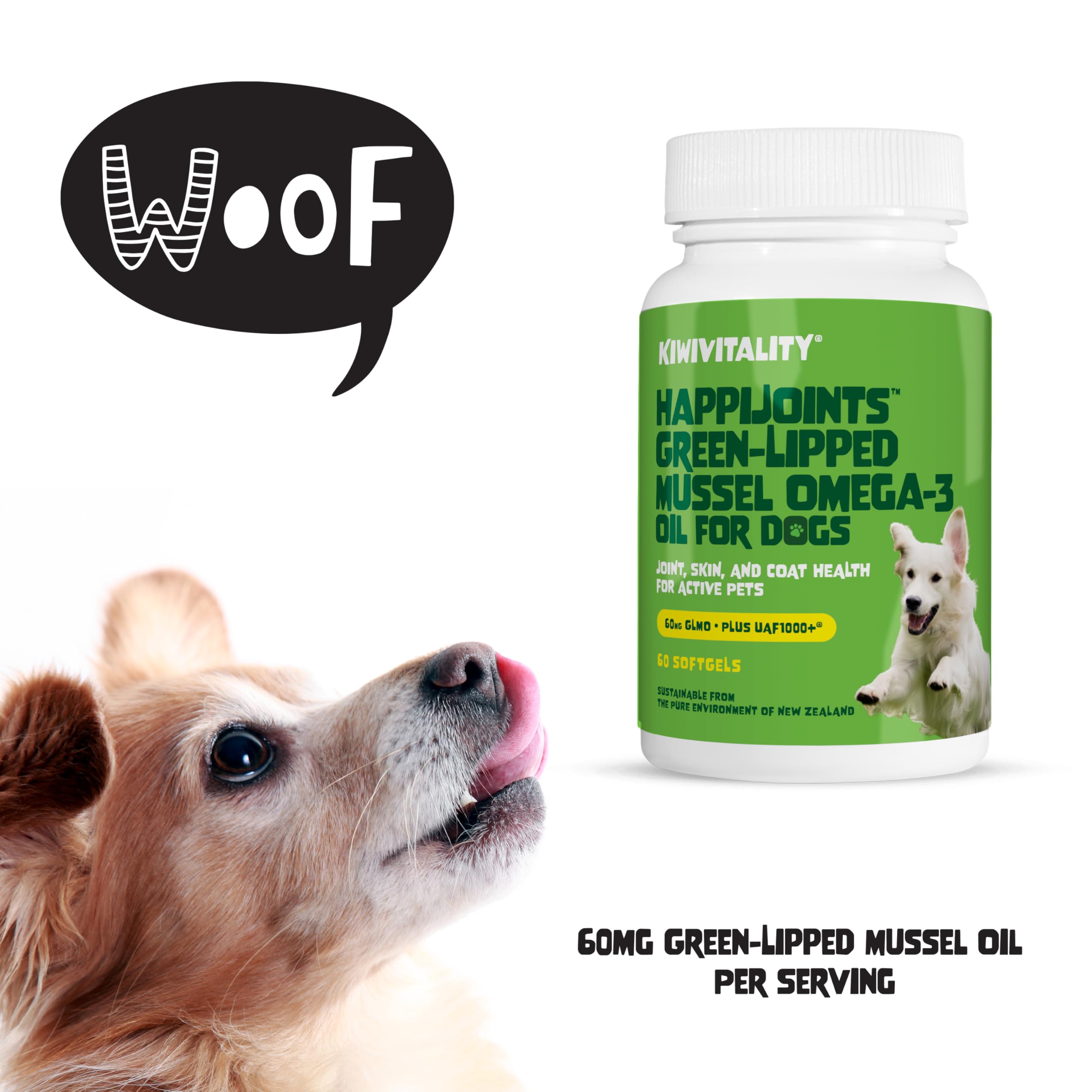 KiwiVitality HappiJoints Green-Lipped Mussel Omega-3 Oil for Dogs (60 Softgels)