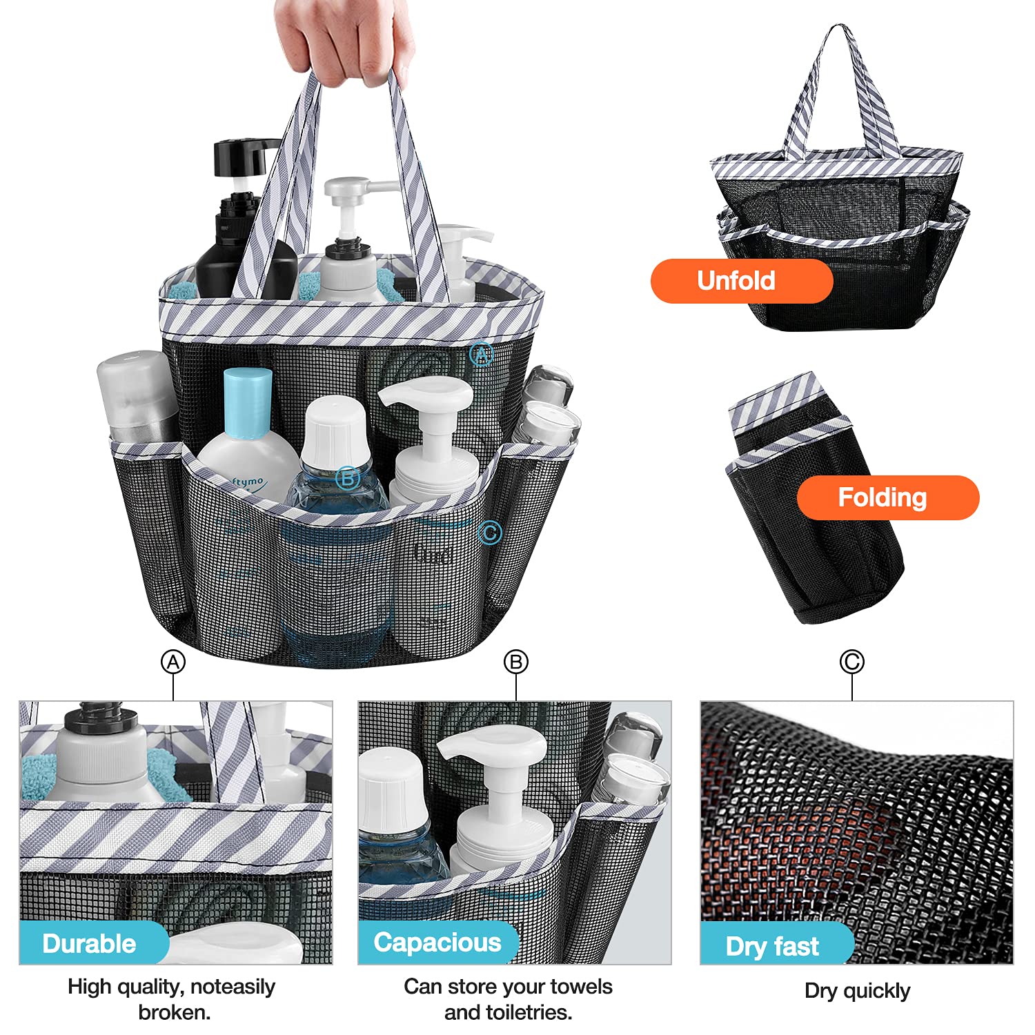 Ndeno Mesh Shower Caddy 8 Pockets Portable, Hanging Portable Toiletry Bag Tote for Men and Women, Quick Dry Bath Organizer Dorm Room Essentials for Beach, Camp, Travel (Gray Strips)