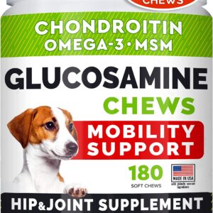 Glucosamine Treats for Dogs - Joint Supplement w/Omega-3 Fish Oil - Chondroitin, MSM - Advanced Mobility Chews - Joint Pain Relief - Hip & Joint Care - Chicken Flavor - 180 Ct - Made in USA