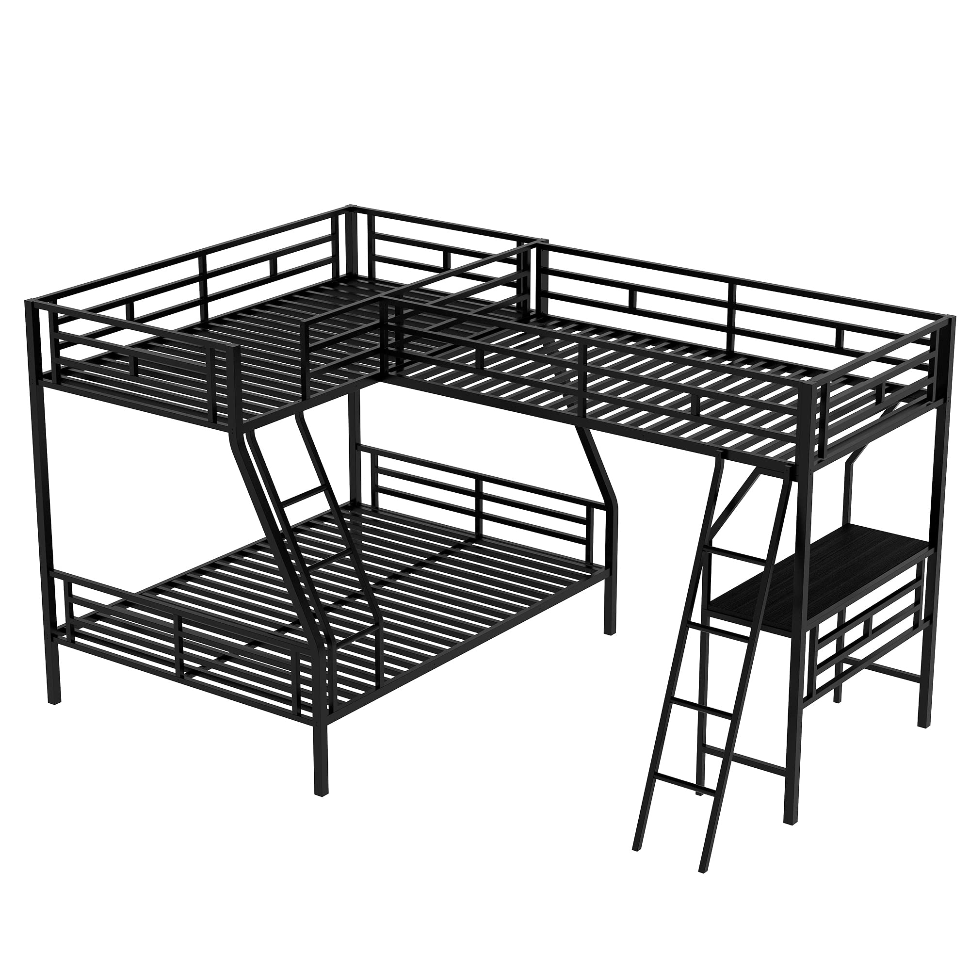 Triple Bunk Beds Twin Over Full Bunk Bed Attached a Loft Bed with Desk L-Shape Triple Loft Bed Metal Frame for Dorm, Boys & Girls Teens Kids Adults, Black