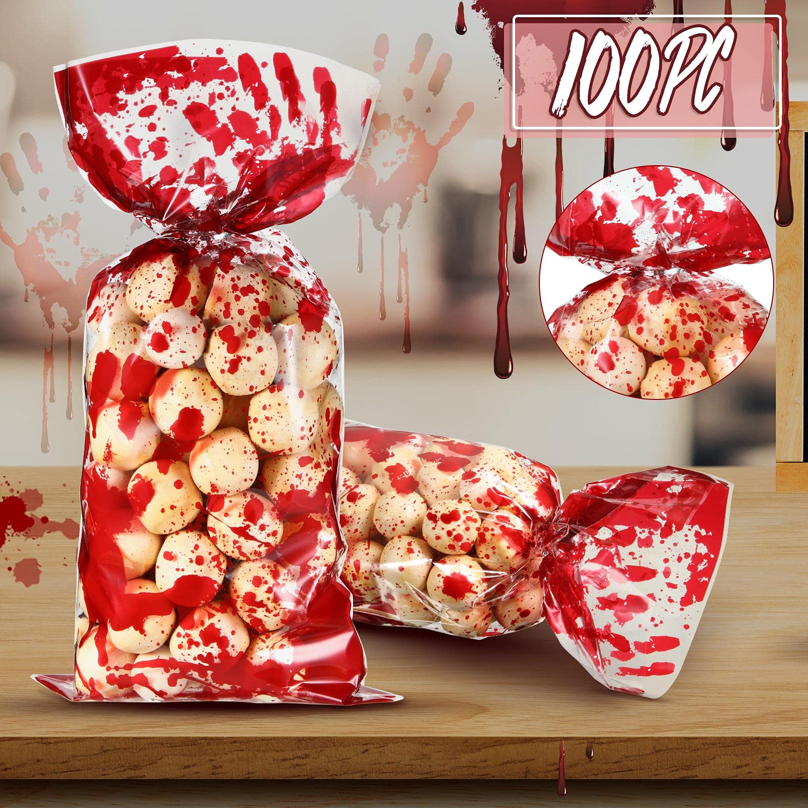 100 Pieces Halloween Bloody Treat Bags, Halloween Zombie Vampire Themed Cellophane Candy Goodie Bags with 100 Silver Twist Ties for Murder Bloody Theme Halloween Party, 10.8 x 5 Inch (White, Red)