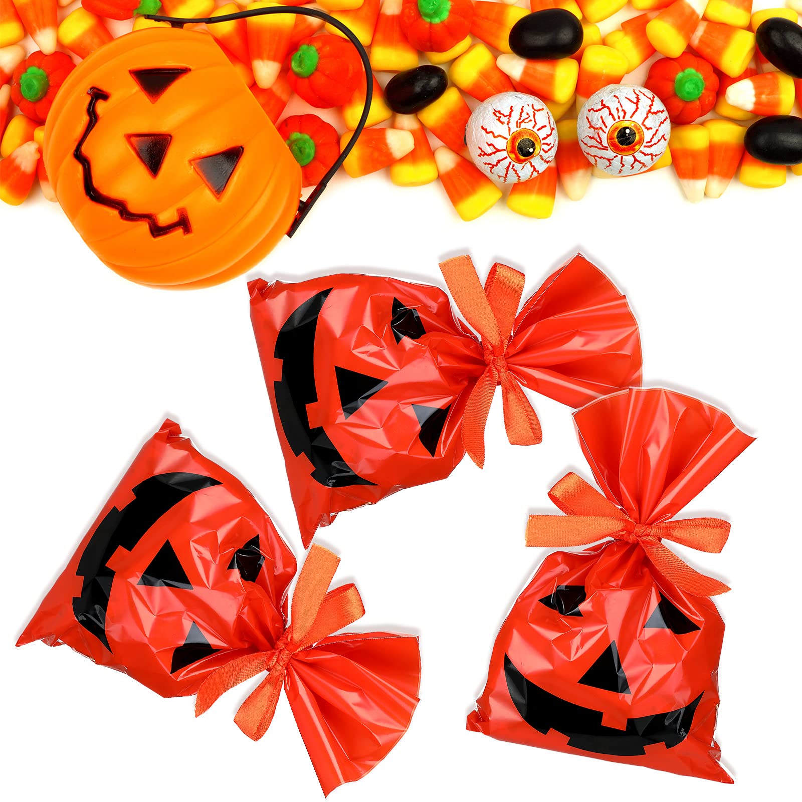 Tenare 100 Pcs Halloween Cellophane Treat Bags Pumpkin Plastic Goodie Bags Candy Gift Loot Bags with 22 Yards Ribbon for Party Favors Sacks, 6 x 9 Inch