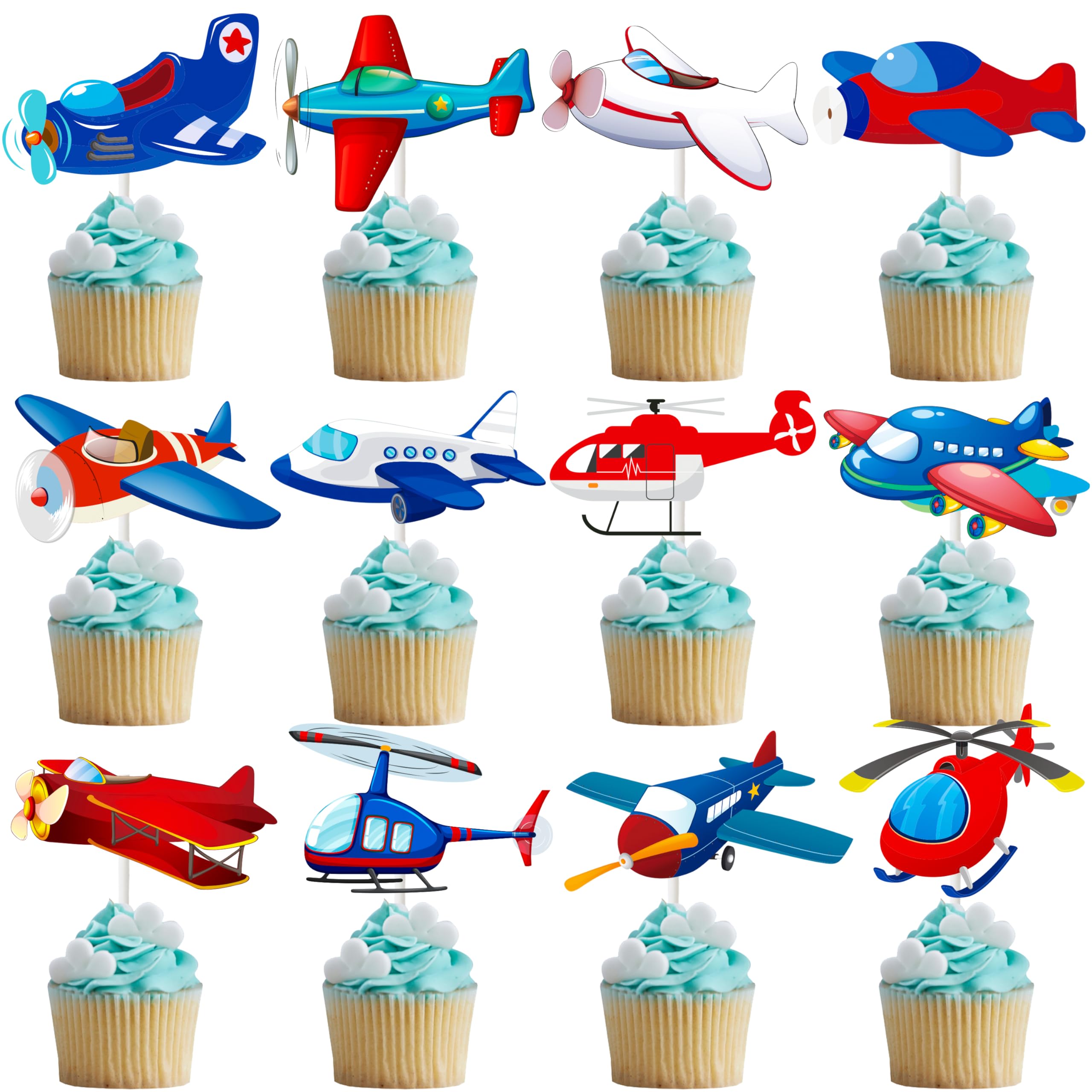 Airplane Cupcake Topper Plane Birthday Party Supplies, Airplane Aircraft Cupcake Toppers for Kids Plane Theme Party Baby SHower Favor Supplies SET of 24