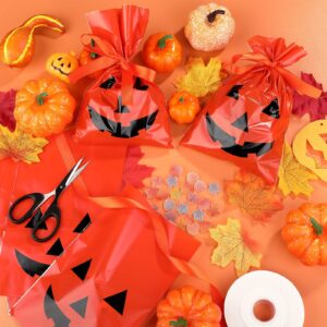 Tenare 100 Pcs Halloween Cellophane Treat Bags Pumpkin Plastic Goodie Bags Candy Gift Loot Bags with 22 Yards Ribbon for Party Favors Sacks, 6 x 9 Inch